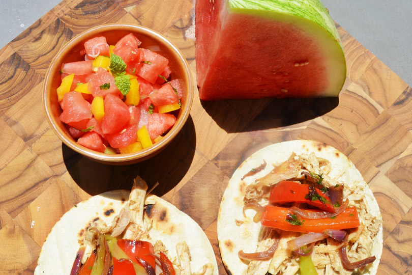 Shredded Chicken Tacos with Watermelon Salsa